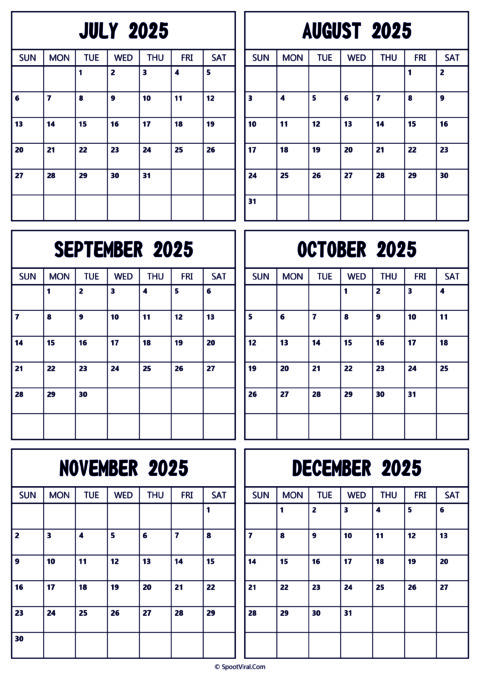 July to December 2025 Calendar Templates