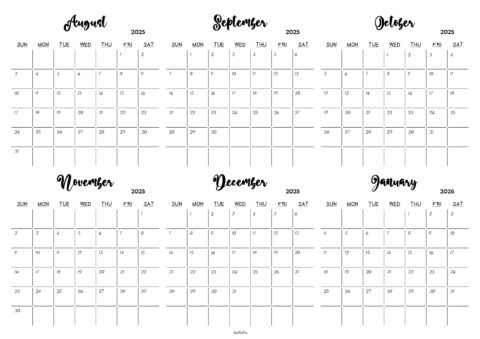 August 2025 to January 2026 Calendar Templates