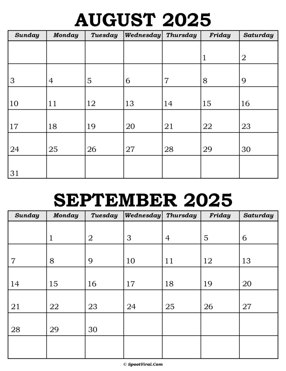 August September 2025 Calendar Templates - SpootViral