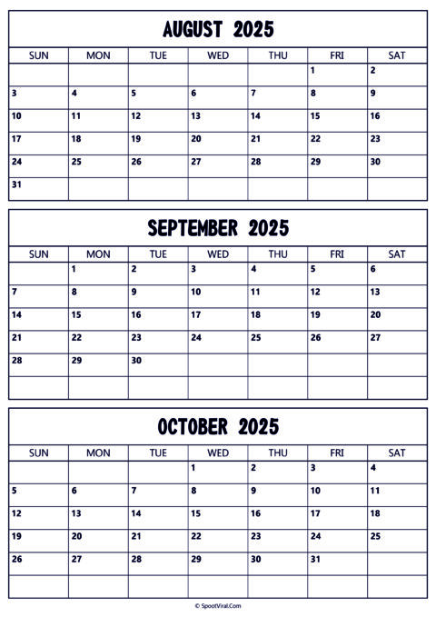August To October 2025 Calendar Templates - SpootViral