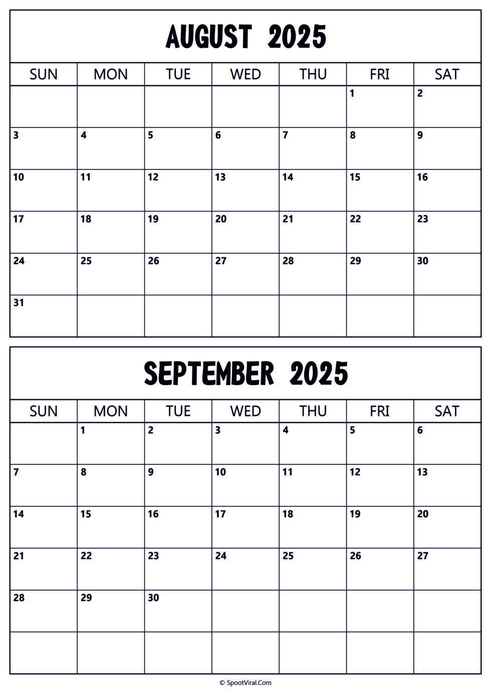 August September 2025 Calendar Templates - SpootViral