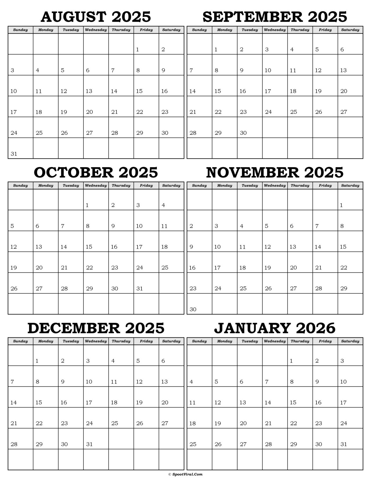August 2025 to January 2026 Calendar Templates