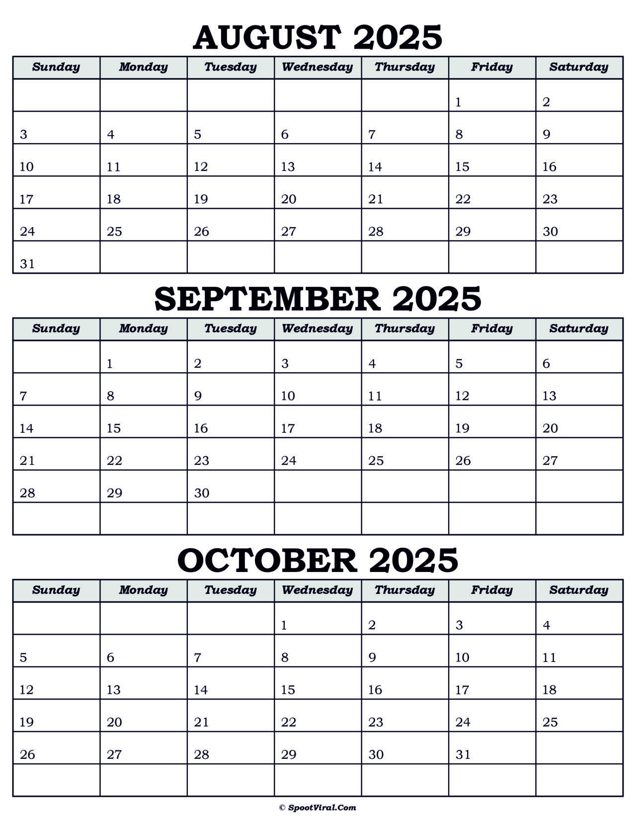 August To October 2025 Calendar Templates - SpootViral