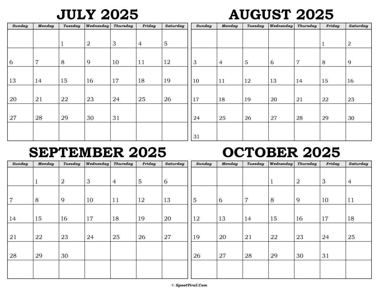 July To October 2025 Calendar Templates