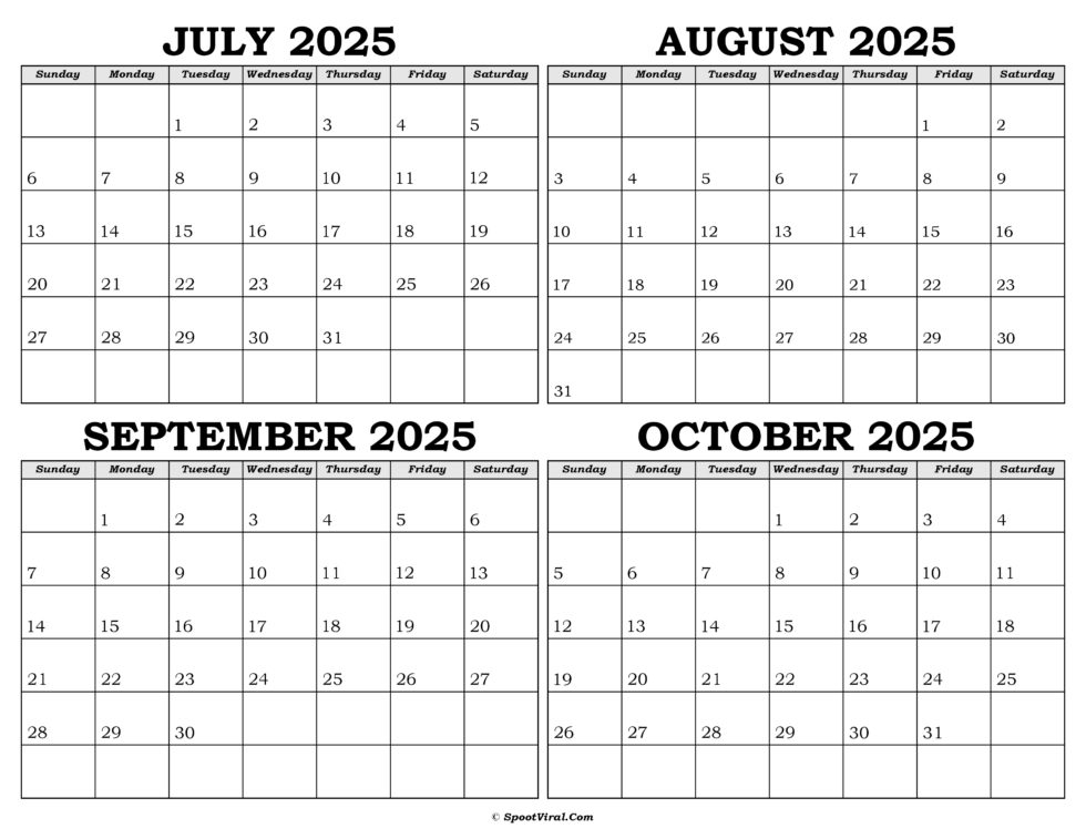 July To October 2025 Calendar Templates