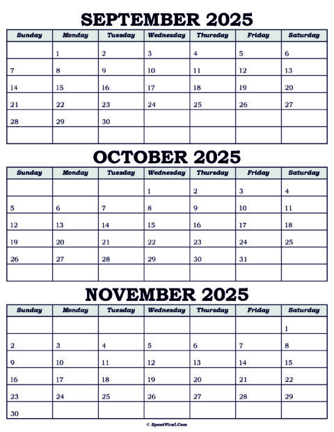 September To November 2025 Calendar Templates - SpootViral