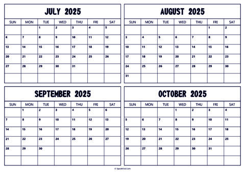 July To October 2025 Calendar Templates