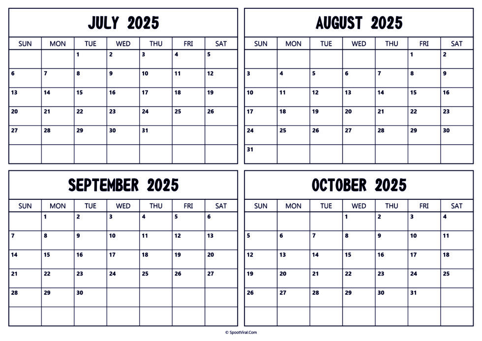 July To October 2025 Calendar Templates