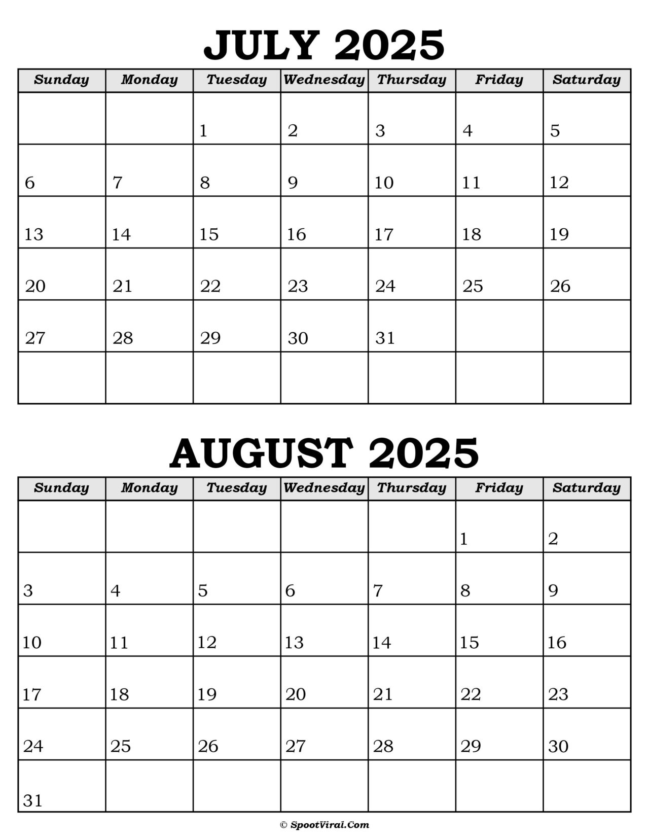July August 2025 Calendar Templates - SpootViral