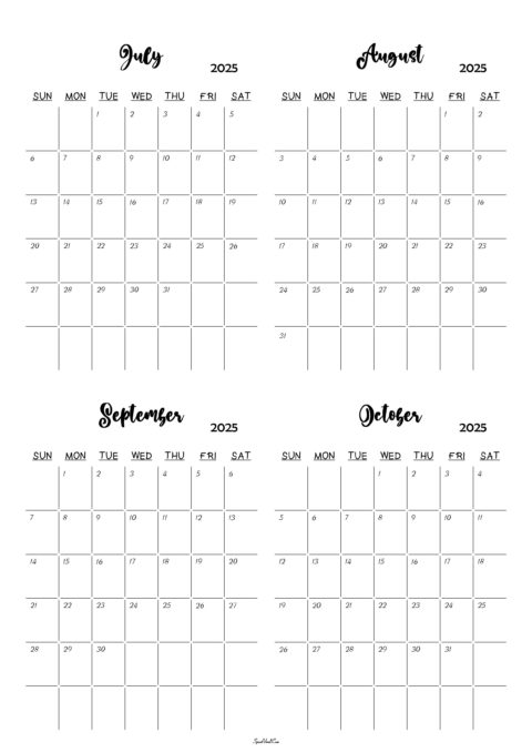 July To October 2025 Calendar Templates