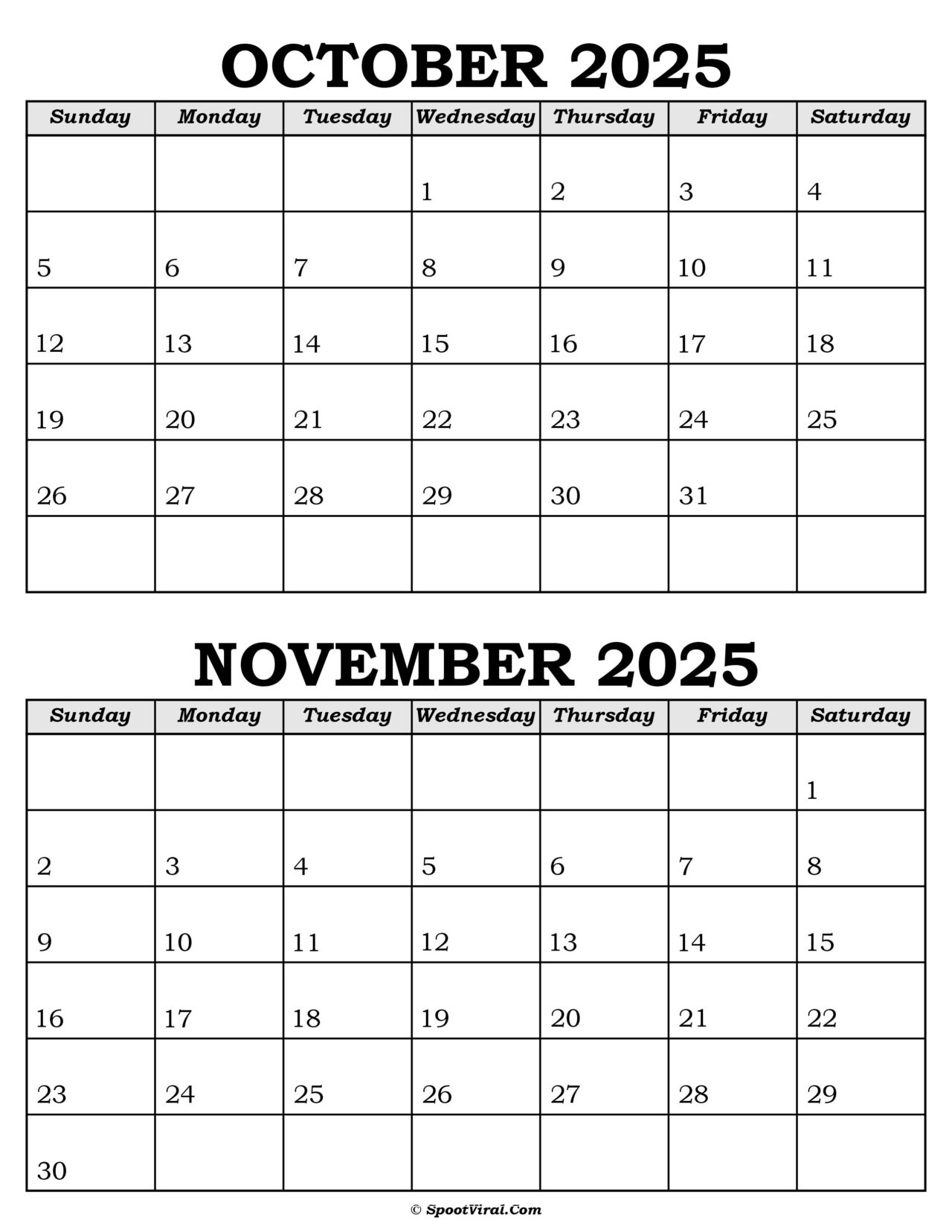 October November 2025 Calendar Templates - SpootViral