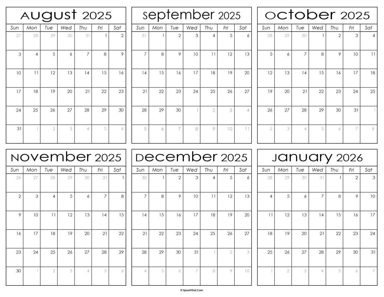 August 2025 to January 2026 Calendar Templates