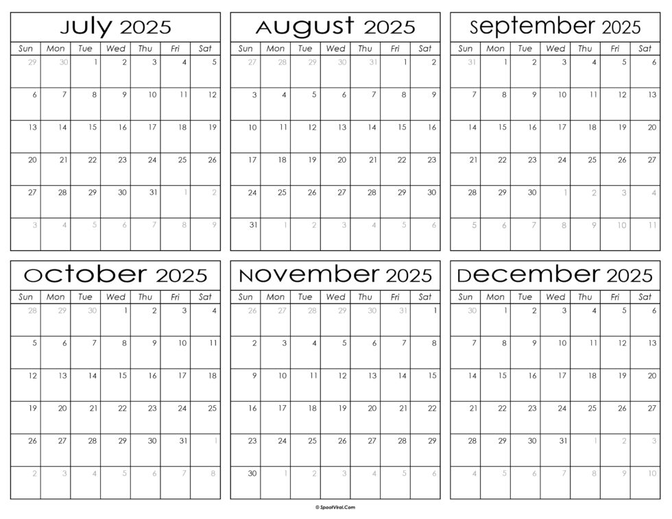 July to December 2025 Calendar Templates