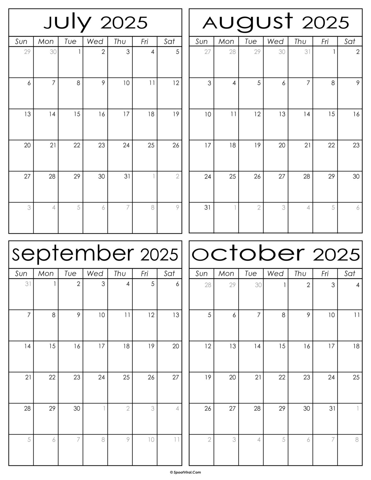 July To October 2025 Calendar Templates