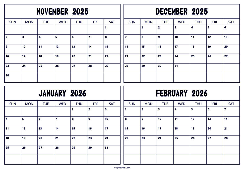 November 2025 To February 2026 Calendar Templates - SpootViral