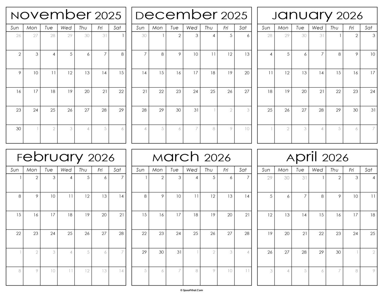 November 2025 To April 2026 Calendar Templates - SpootViral