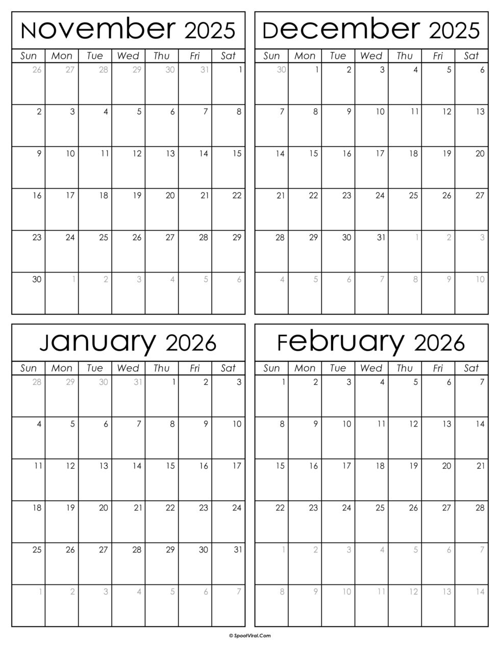 November 2025 To February 2026 Calendar Templates - SpootViral
