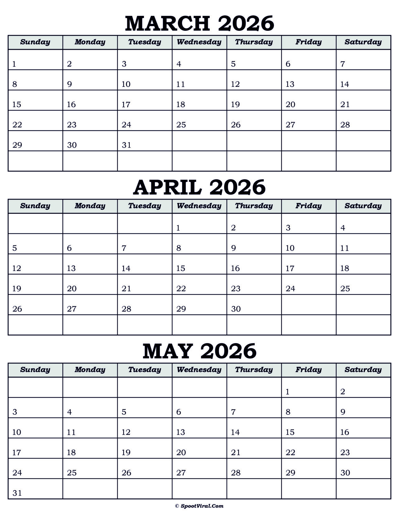 March To May 2026 Calendar Templates - SpootViral
