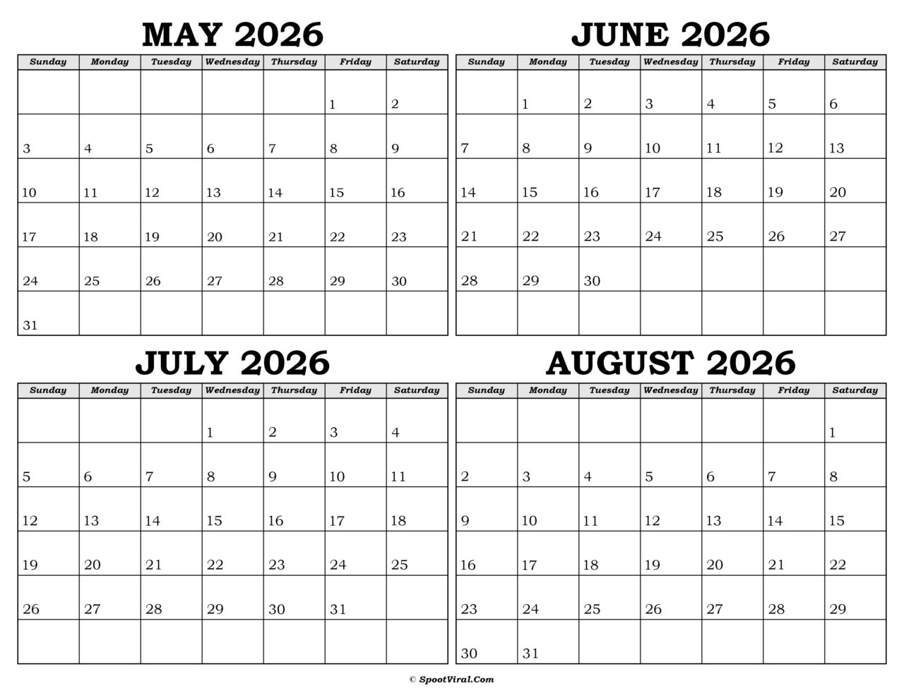 May To August 2026 Calendar Templates- SpootViral