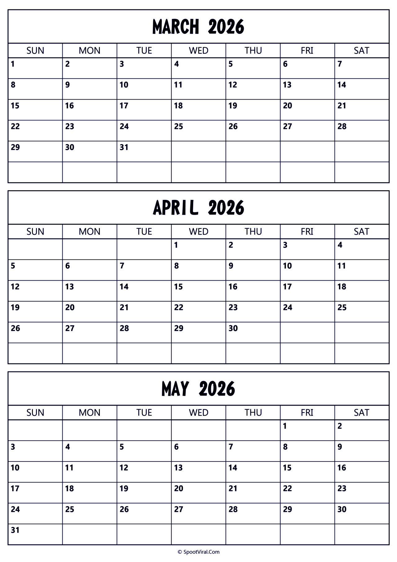 March To May 2026 Calendar Templates - SpootViral