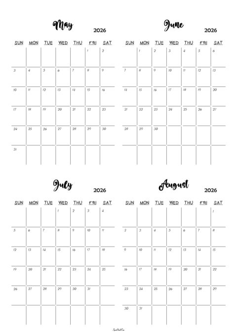 May To August 2026 Calendar Templates- SpootViral